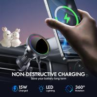 China Aluminium Alloy Texture RGB Light Effect Adjustable Magsafe Wireless Charger For Car Phone Holder Fast Charging One Hand Operation for sale