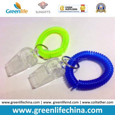 China Plastic Green/Blue Wrist Coil Keychain W/Transparent Whistle for Alerting for sale