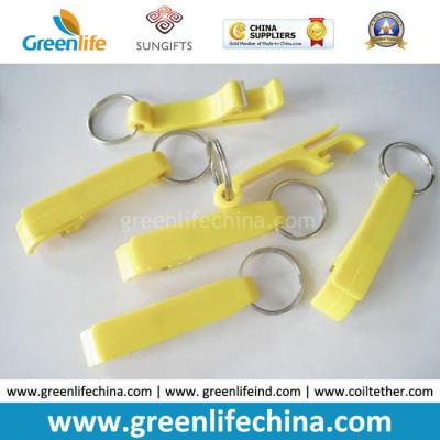 China Hot Sale Plastic Material Yellow Color Bottle Cap Tools w/Key Ring Chain for sale