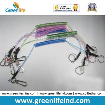 China Transparent Blue Green Pink Coil Steel Lanyard w/End Fittings High Quality Retracting Coil Cable w/Heavy Duty Hook for sale