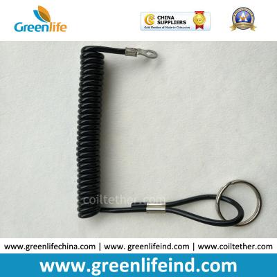 China Solid Black Plastic Spring String Lanyard w/Key Ring& Metal Eyelet for sale