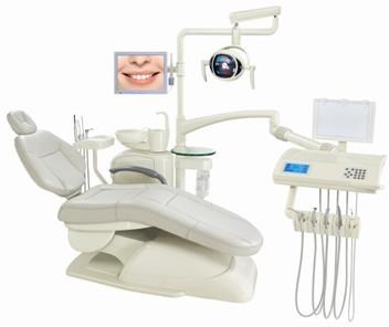 China Dental Chair Treatment Unit dental unit with operation light with 24V noiseless DC motor chair detal chair with 9 memory dental unit with 3 way syringe (cold/hot ) dental unit with doctor stool for sale