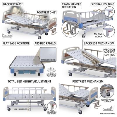 China Manual Two Crank Adjustable Hospital Bed Powder Coated Steel With ABS Side Rails Hospital Furniture for sale