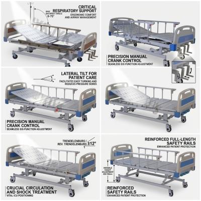 China Six Crank Multifunctional Manual Adjustable Hospital Bed With Trendelenburg Tilting For ICU Critical Care for sale