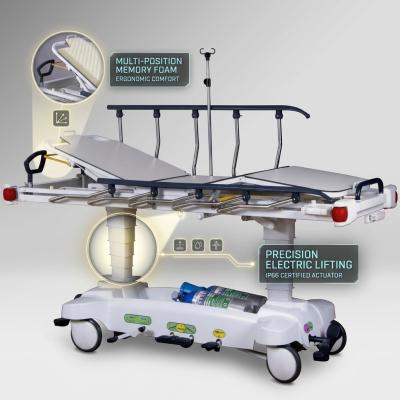 China Galvanized Steel Electric Hydraulic Patient Transport Stretcher Trolley Battery Backup Memory Foam 200kg for sale