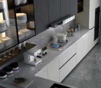 China Custom Luxury Lacquer Double Sink Island Kitchen Cabinet with 20mm Quartz Countertop and 30-40 Day Delivery for sale