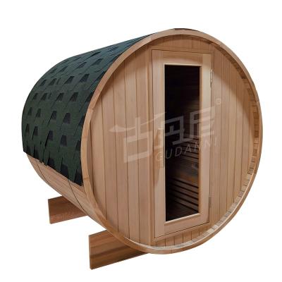 China 4-6 Person Red Cedar Outdoor Barrel Sauna with 6-8mm Tempered Glass and 60-Minute Timer for sale