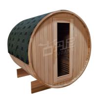 China 4-6 Person Red Cedar Outdoor Barrel Sauna with 6-8mm Tempered Glass and 60-Minute Timer for sale
