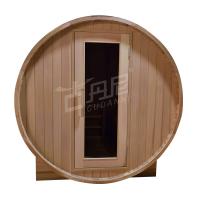 China 4-6 Person Red Cedar Outdoor Barrel Sauna with 6-8mm Tempered Glass and 60-Minute Timer for sale