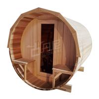 China 4-6 Person Red Cedar Outdoor Barrel Sauna with 6-8mm Tempered Glass and 60-Minute Timer for sale