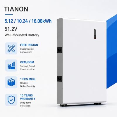 China Wall-Mounted LiFePO4 Battery 51.2V 200Ah 10.24kWh 10kW 6000 Cycles Smart BMS WiFi Home Energy Storage for sale