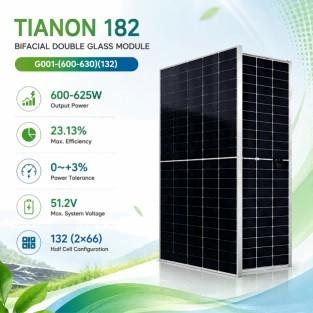 China 625W-N 600W-625W Bifacial N-Type Solar Panel Double Glass 132 Half-Cells 23.13% Efficiency PV Module TIANON for sale