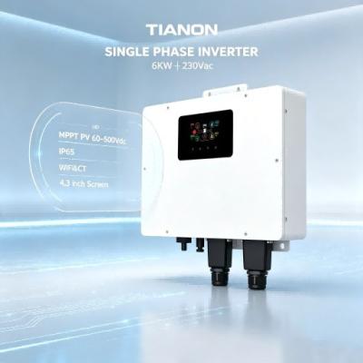 China 6kW Single Phase On-Grid Solar Inverter IP65 60-500V MPPT 230Vac with 4.3 Inch Button Screen TIANON for sale