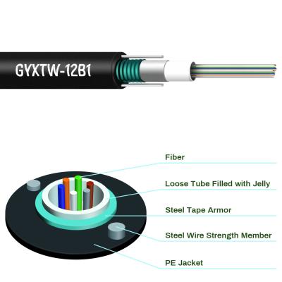 China Outdoor Single Mode GYXTW G652D Fiber Optic Cable 24 Count Steel Wire Armoured Round for sale