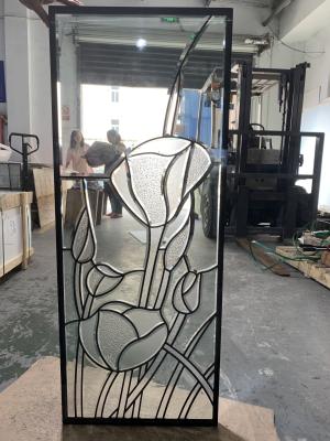 China lily design clear beveled Entry Door Decorative Leaded Glass With Patina Caming for sale