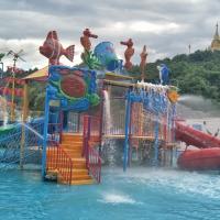 China Large Capacity 18x16m Fiberglass Water Playground with 4 Slides 11KW Power for Amusement Parks for sale