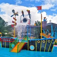 China Fiberglass Pirate Boat Water Slide 18m x 16m with 11KW Power for Amusement Parks for sale