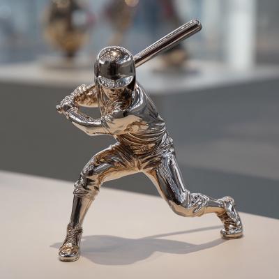 China Chrome Baseball Player Figure Statue 32CM H Resin Sports Desk Sculpture Decor for sale