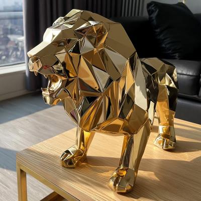 China Golden Geometric Lion Sculpture 316L Stainless Steel 80cm H Modern Animal Art for Garden for sale
