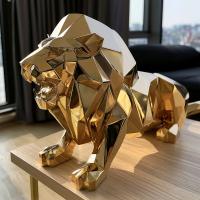 China Golden Geometric Lion Sculpture 316L Stainless Steel 80cm H Modern Animal Art for Garden for sale