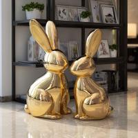 China Modern Cute Golden Rabbit Fiberglass Resin Sculpture Indoor Decor Art for sale