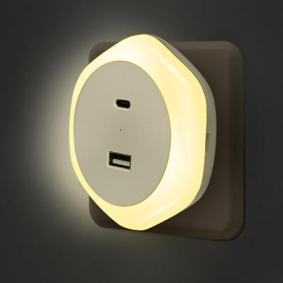 China Support Dimming Mini Plug-in LED Night Light Lamp with USB and Type-C Charging Socket for sale