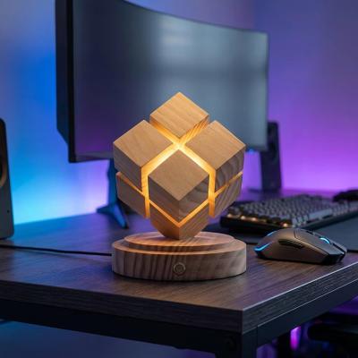 China Novel Wooden Four Step Magic Cube Warm Light Lamp for Kids Gift Wood Base Table Night Light for sale