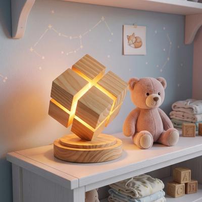 China Novel Wooden Four Step Magic Cube Warm Light Lamp for Kids Gift Wood Base Table Night Light for sale