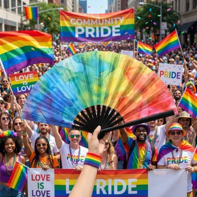 China 13 Inch Large Rainbow Watercolor Folding Fan for Pride Parade & LGBTQ Community Rallies Large Bamboo Clack Fan for sale