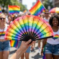 China 13 Inch Large Rainbow Watercolor Folding Fan for Pride Parade & LGBTQ Community Rallies Large Bamboo Clack Fan for sale