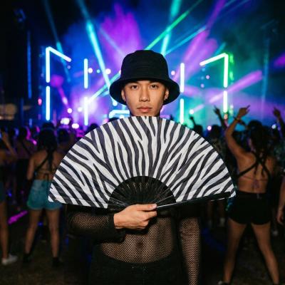 China 13 Inch Large Zebra Print Rave Fan Bamboo Folding Clack Fan for Techno Music Festival & EDM Party Performance for sale