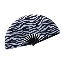 China 13 Inch Large Zebra Print Rave Fan Bamboo Folding Clack Fan for Techno Music Festival & EDM Party Performance for sale