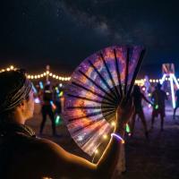 China 13 Inch Galaxy Nebula Print Folding Fan Large Bamboo Clack Fan for Space Theme Rave Party & Astrology Gift for sale