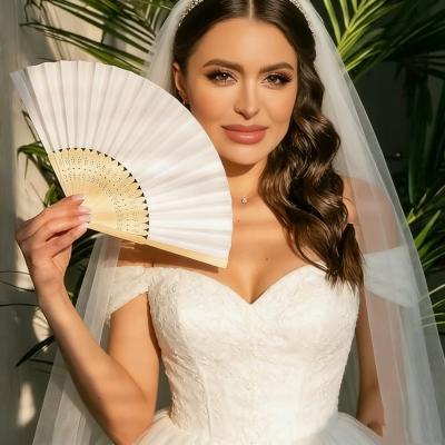 China China Wholesale White Handheld Paper Fan Folding Fans with Bamboo Handle Abanico De Papel Boda Wedding Decoration DIY Gifts for sale