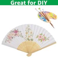 China China Wholesale White Handheld Paper Fan Folding Fans with Bamboo Handle Abanico De Papel Boda Wedding Decoration DIY Gifts for sale