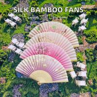 China Hot Selling Carved Bamboo Folding Silk Material Wedding Fans for Gifts for sale