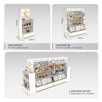 China Makeup Display Shelf  White Wooden Sample With Embedded Light Strip At The End For Trendy Store Counter And Space-Saving Display Stand for sale