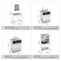 China Grey Experience Desk Makeup Table With Mirror For Cosmetic Store Decoration And Skincare Shop Design for sale