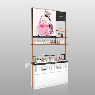 China Perfume Display Showcase Platinum Wooden Showcase Cabinet With Light Box For Branding Cosmetic Store Shelf And Premium Display Furniture for sale