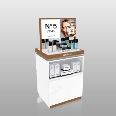 China Skincare Display Stand Platinum Wooden Central Hall Cabinet With Light Box For Space-Saving Store Design And Multi-Functional Store Furniture for sale