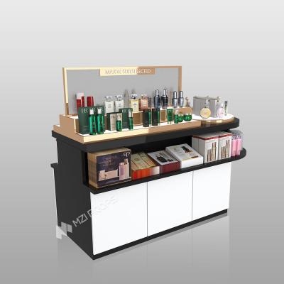 China Makeup Store Rack Platinum Wooden Display Cabinet With Light Box For Customized Skincare Store Display Furniture And Luxury Store Fitting for sale