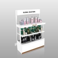 China Beauty Shop Display Stand Platinum Wooden Central Hall Cabinet With Light Box For Cosmetic Retail Display Furniture And Branded Store Design for sale