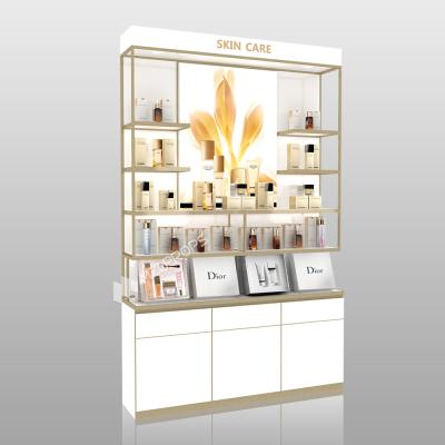 China Cosmetic Display Cabinet White Wooden Skincare Cabinet With Light Box For Branded Shop Decoration And Premium Display Rack for sale