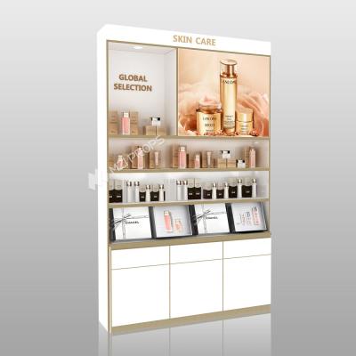China Beauty Display Shelf  White Wooden Skincare Cabinet With Light Box Cosmetic Display Fixtures For Customized Store Display Furniture And Branded Shop Rack for sale