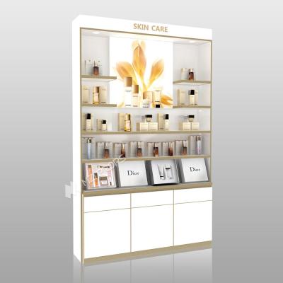 China Makeup Store Cabinet White Wooden Skincare Cabinet With Light Box For Visual Merchandising Store Display And Cost-Effective Store Shelf for sale