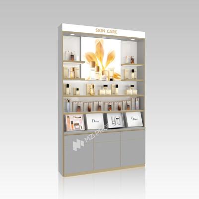 China Skincare Store Display Furniture Gray Wooden Makeup Shop Cabinet with Lightbox for Makeup Store Display Furniture and Cosmetic Shop Interior Design for sale