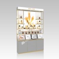 China Customized Skincare Store High Cabinet with Lightbox Gray Wooden Beauty Display Showcase for Makeup Shop Design and Perfume Shop Decoration for sale