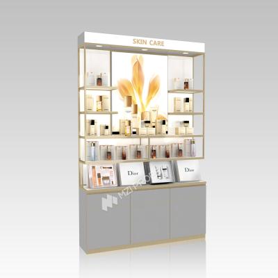 China Customized Skincare Store High Cabinet with Lightbox Gray Wooden Beauty Display Showcase for Makeup Shop Design and Perfume Shop Decoration for sale