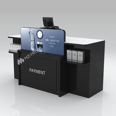 China Retail Store Black Wooden Cashier Desk Skincare Shop Checkout Counter With Lightbox  For Cosmetic Shop Design for sale
