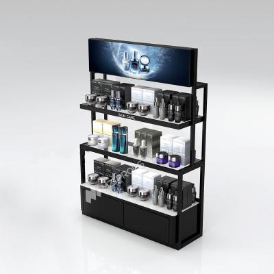 China Black Middle Hall Side Display Cabinet Skincare Shop Display Furniture with Lightbox for Cosmetic Store Decoration for sale
